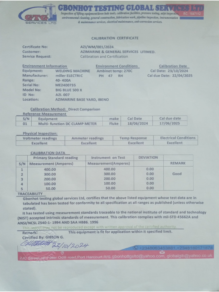 Miller Welding Machine Calibration Certificate | PDF