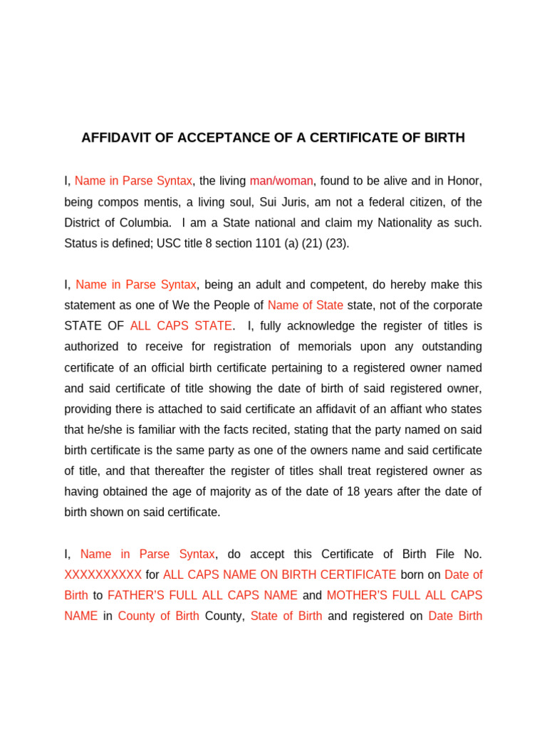 Acceptance of Birth Certificate | PDF | Affidavit | Notary Public