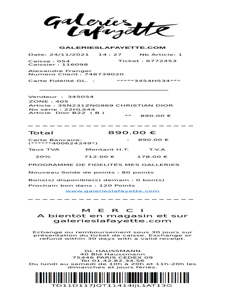 Ticket de caisse Galeries Lafayette | PDF