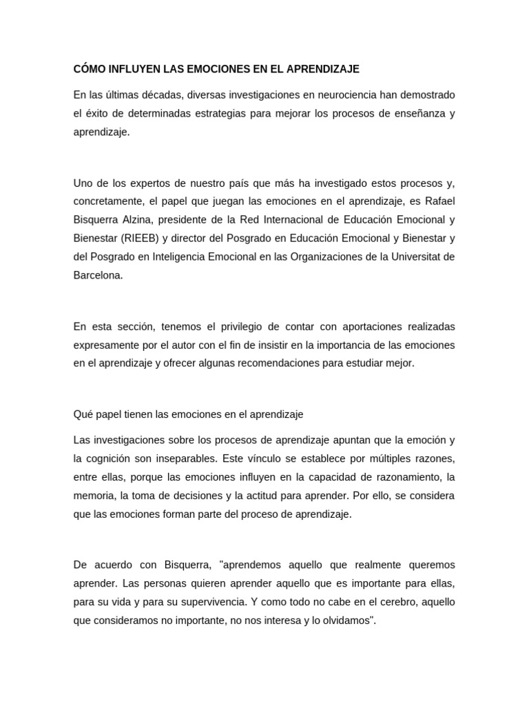 Cómo Influyen Las Emociones en El Aprendizaje | PDF | Las emociones | Aprendizaje