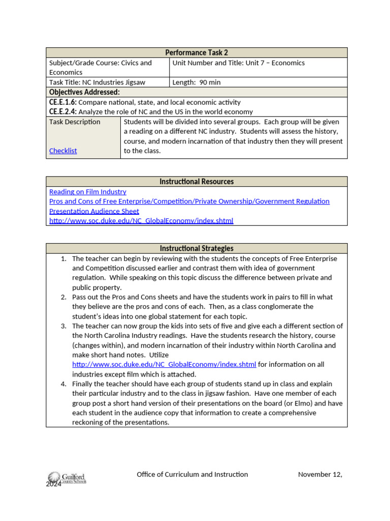 Performance Task 2 - Civics - NC Industries Jigsaw | PDF | Learning