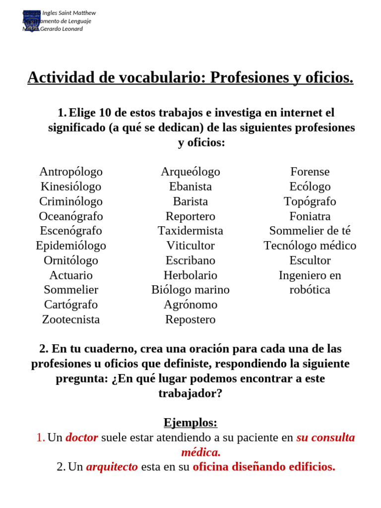 Guia Vocabulario Profesiones | PDF | Science