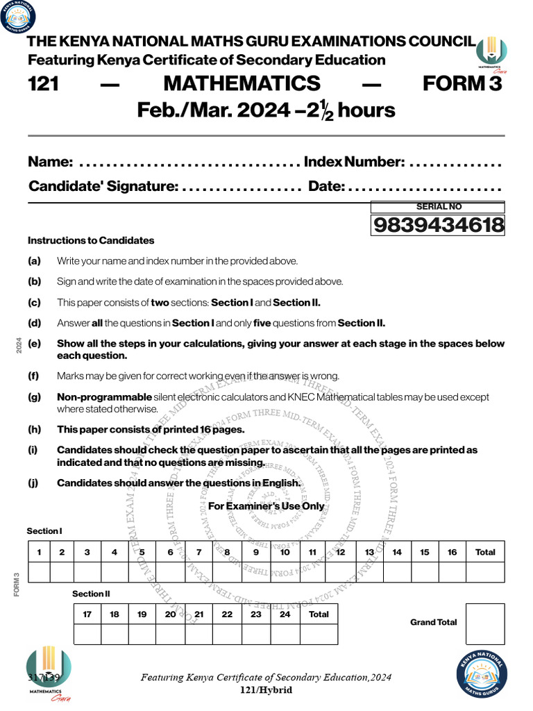 Form 3 Mid-Term Maths Exam | PDF