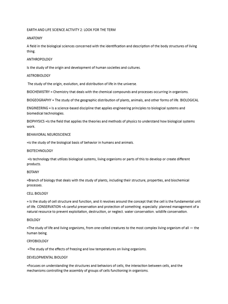 EARTH AND LIFE SCIENCE Activity | PDF | Biology | Evolution