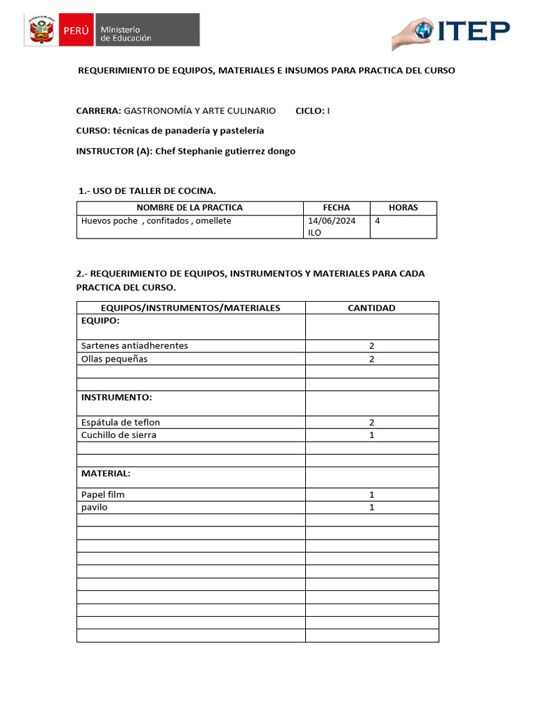 FORMATO DE REQUERIMIENTO Tecnicas de Cocina 2 Da Uni | PDF
