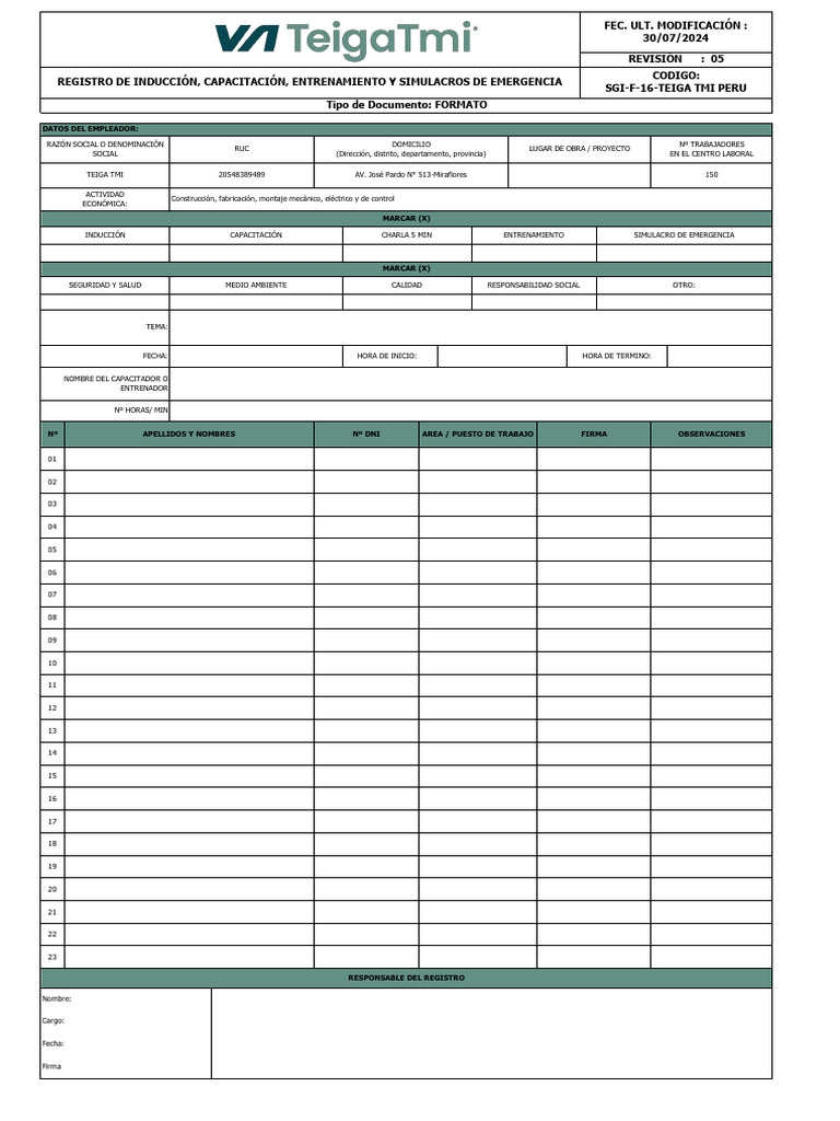 CHARLA ACT - SGI-F-16-TEIGA Formato de Registro de InducciónCapacitación Rev5 | PDF