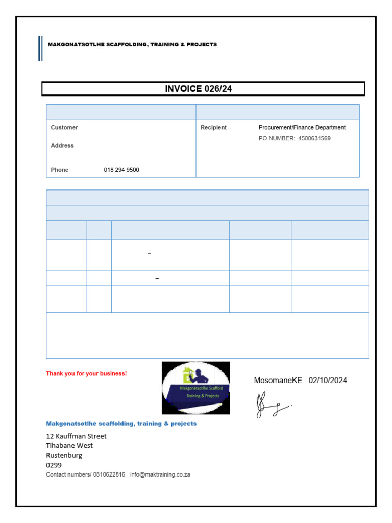 Makgonatsotlhe Scaffolding Invoice 026/24 | PDF