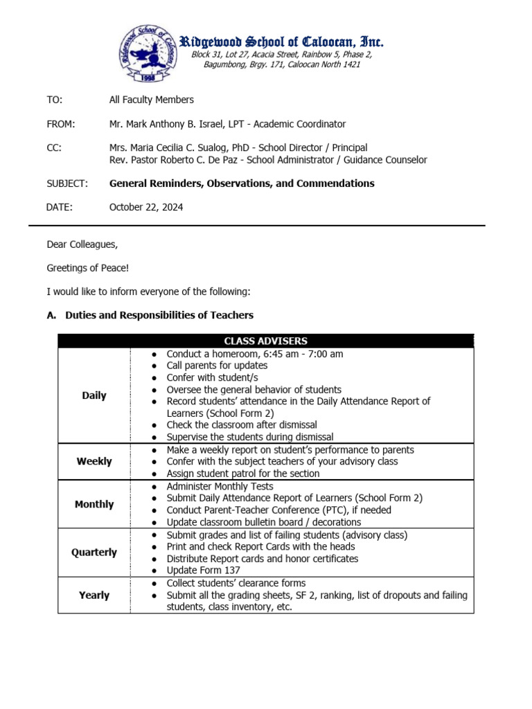 Acad Coor Memo 2024-01 | PDF | Teachers