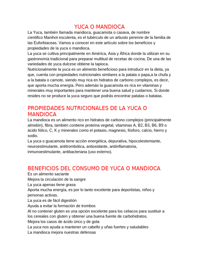 Beneficios y Propiedades de la Yuca | PDF | Alimentos | Nutrición