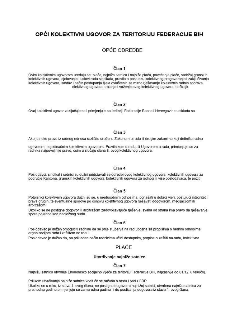 Opci Kolektivni Ugovor Za Teritoriju Fbih SL Novine Fbih Broj 48 2016 62 2016-1 | PDF
