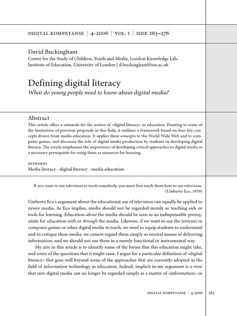 Buckingham 2006 Defining Digital Literacy What Do Young People Need To Know About Digital Media ...