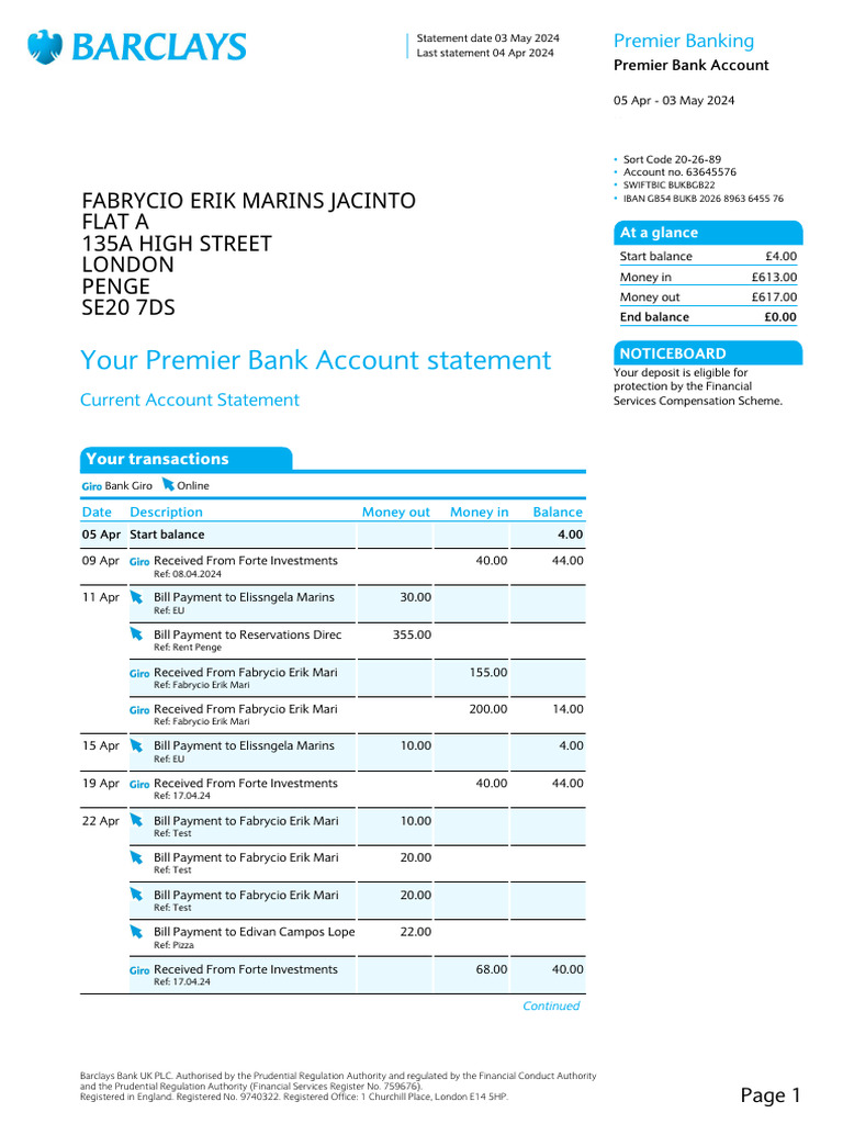 April 2024 Barclays Account Statement | PDF | Overdraft | Debit Card
