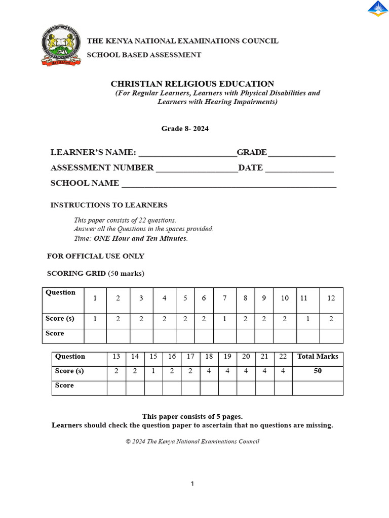 Grade 8 CRE School-Based Assessment 2024 | PDF | Adam And Eve | Paul ...