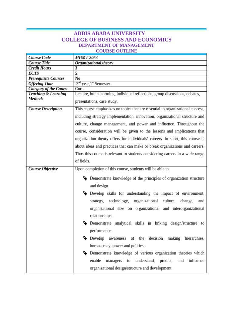 Organizational Theory Course Outline | PDF | Strategic Management | Design