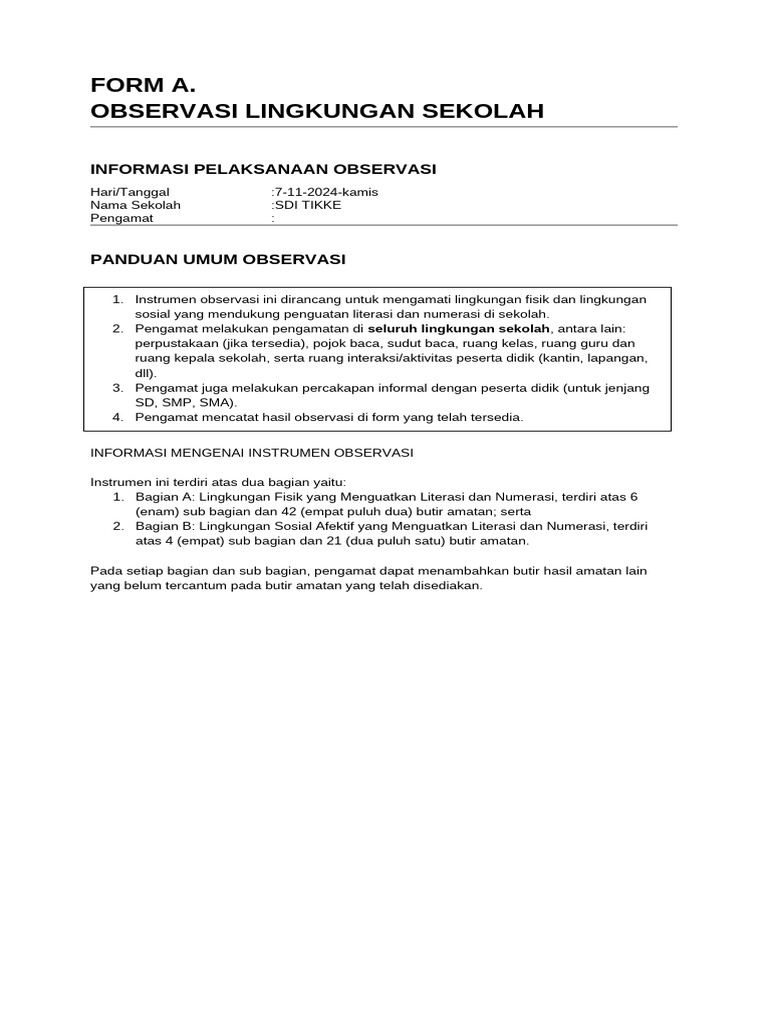 Form A. PDM 10 - UPT - Lembar Observasi Lingkungan Sekolah (23 Rangkap) - 1 | PDF | Karier ...