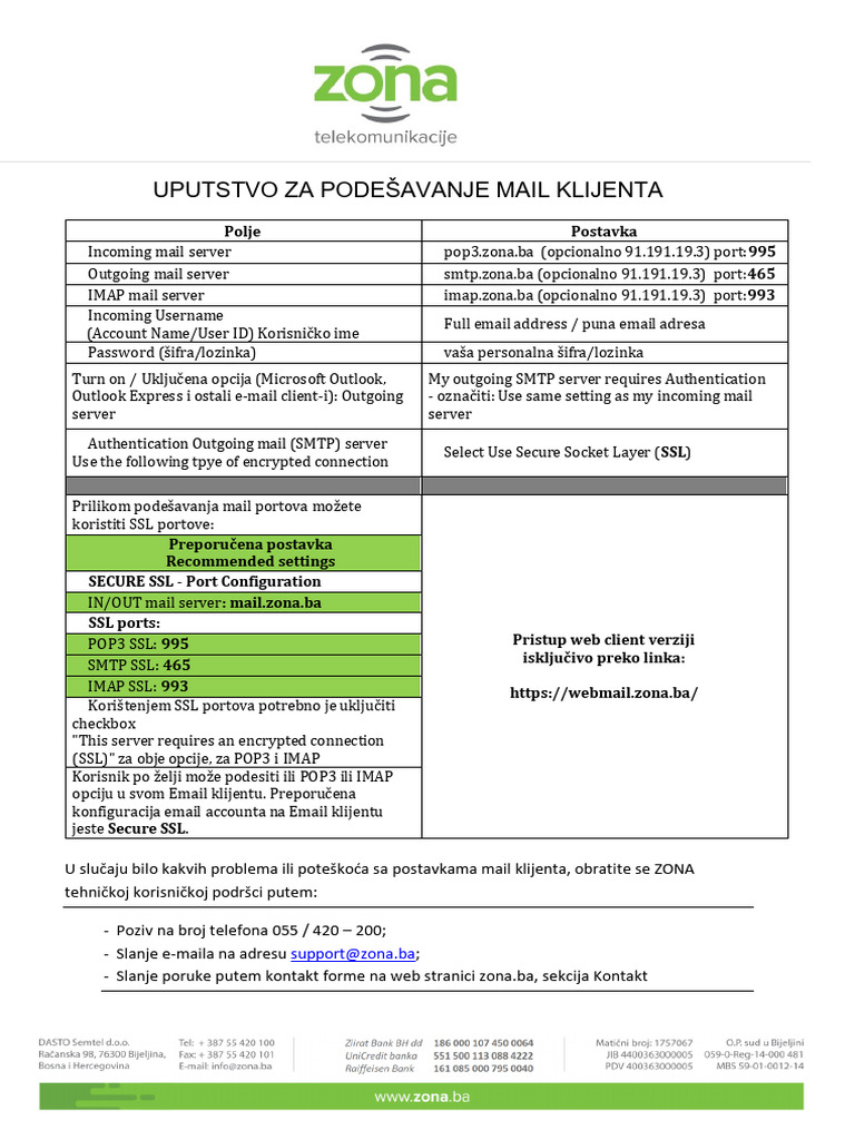 Zona Uputstvo Za Podesavanje Email Klijenta | PDF