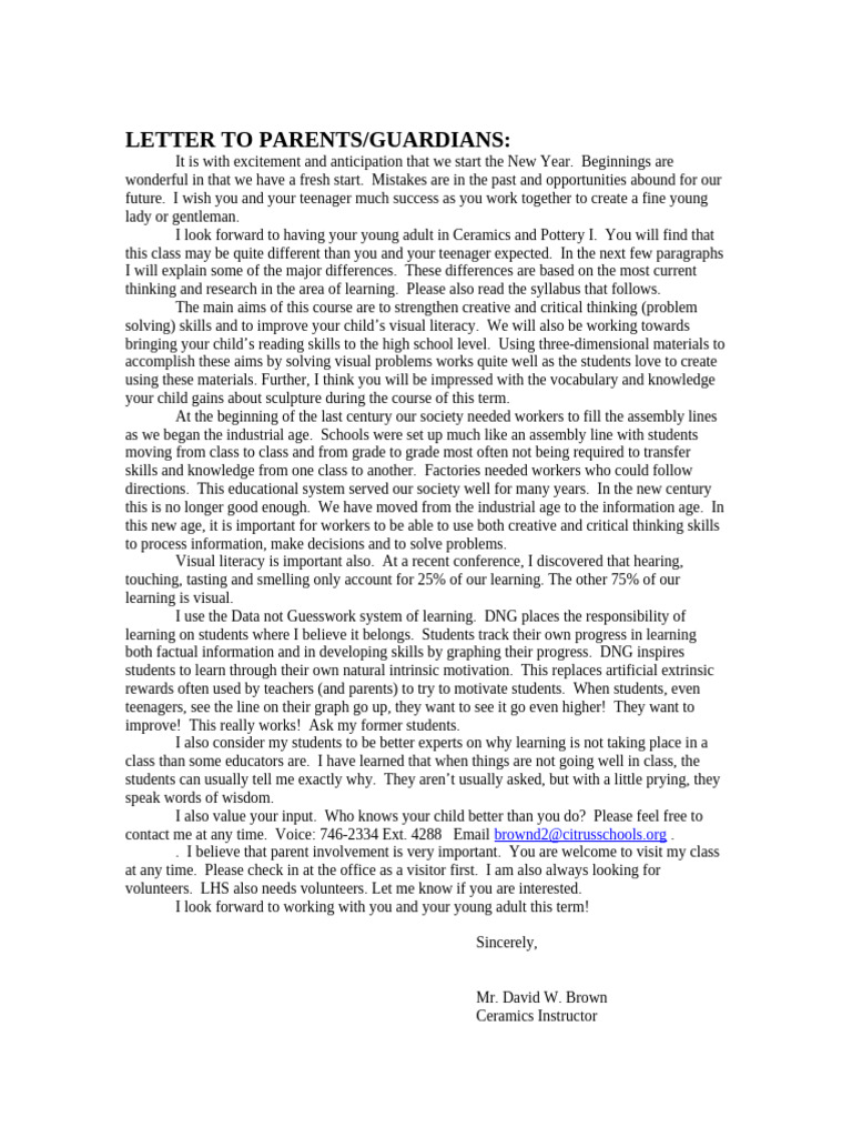 Letter To Parents (Revised) | PDF | Learning