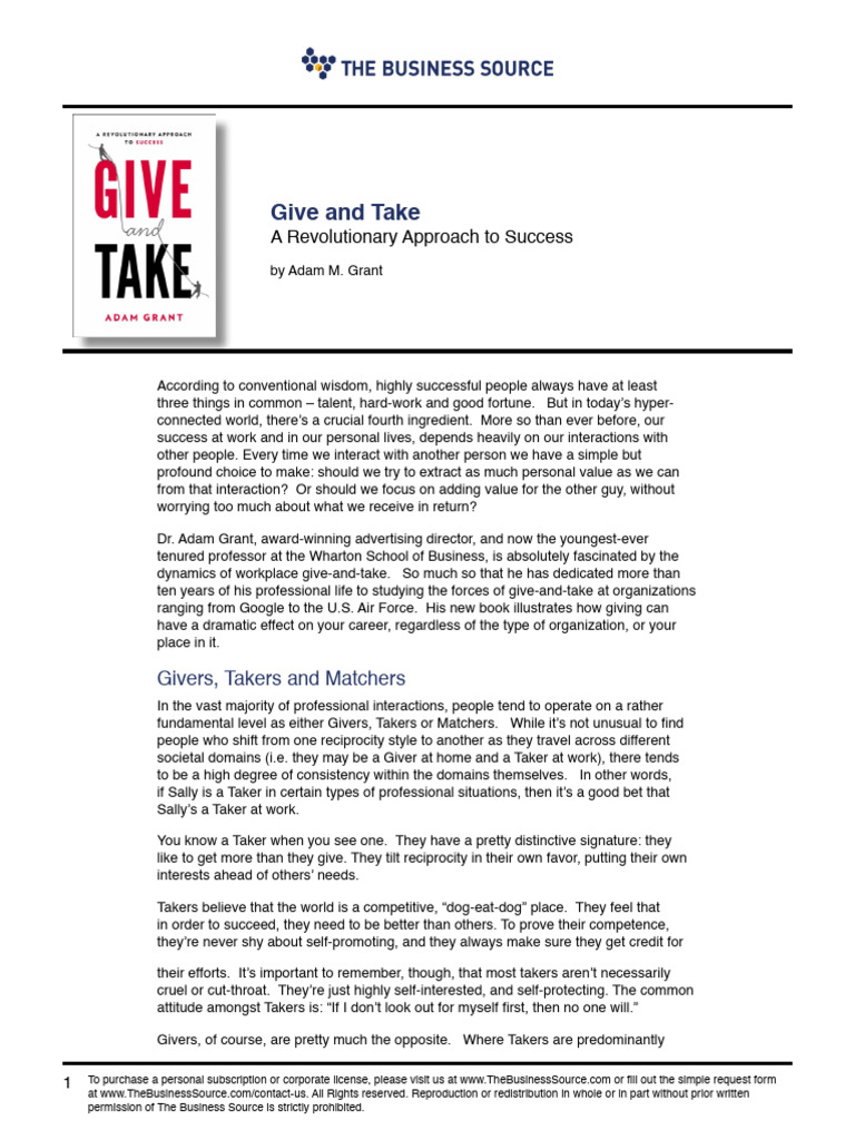 Givers vs. Takers in Career Success | PDF | Extraversion And ...