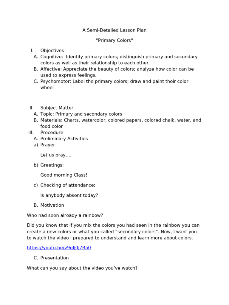 Primary Colors Lesson Plan for Kids | PDF | Career & Growth