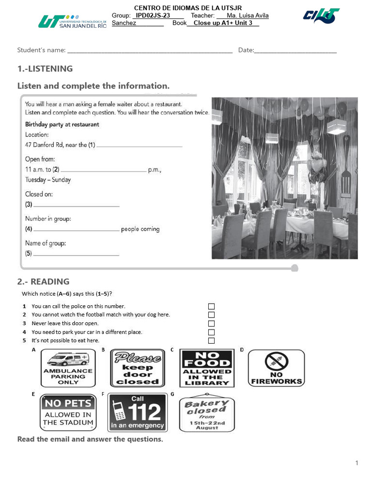 Close Up A1 Unit 3 Exam | PDF | Foreign Language Studies | Home & Garden