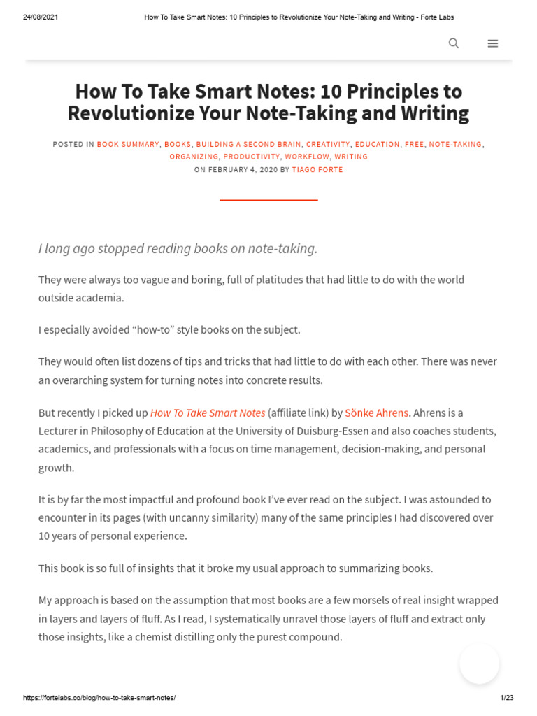 FORTE, Tiago. How To Take Smart Notes - 10 Principles To Revolutionize ...