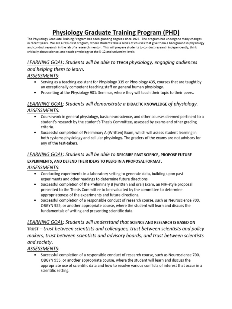 PHD Assessment Plan Physiology | PDF | Thesis | Science