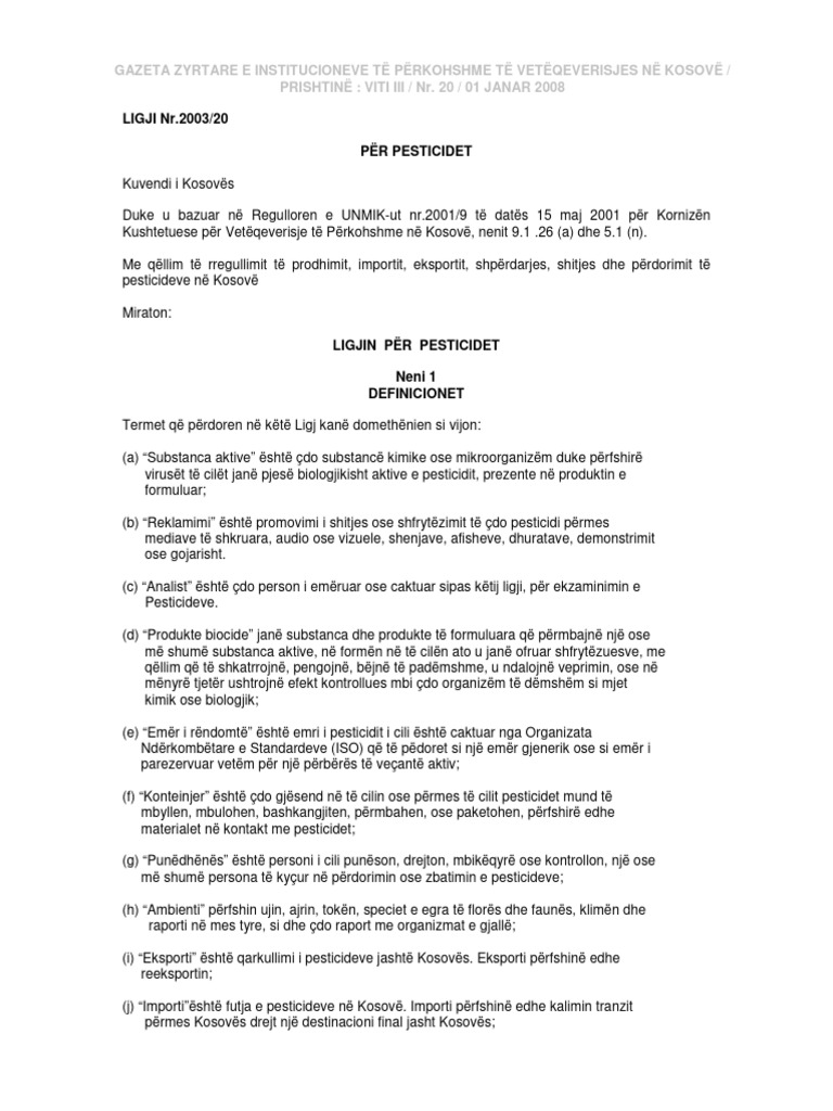 Ligji Nr. 2003 20 Për Pesticidet | PDF