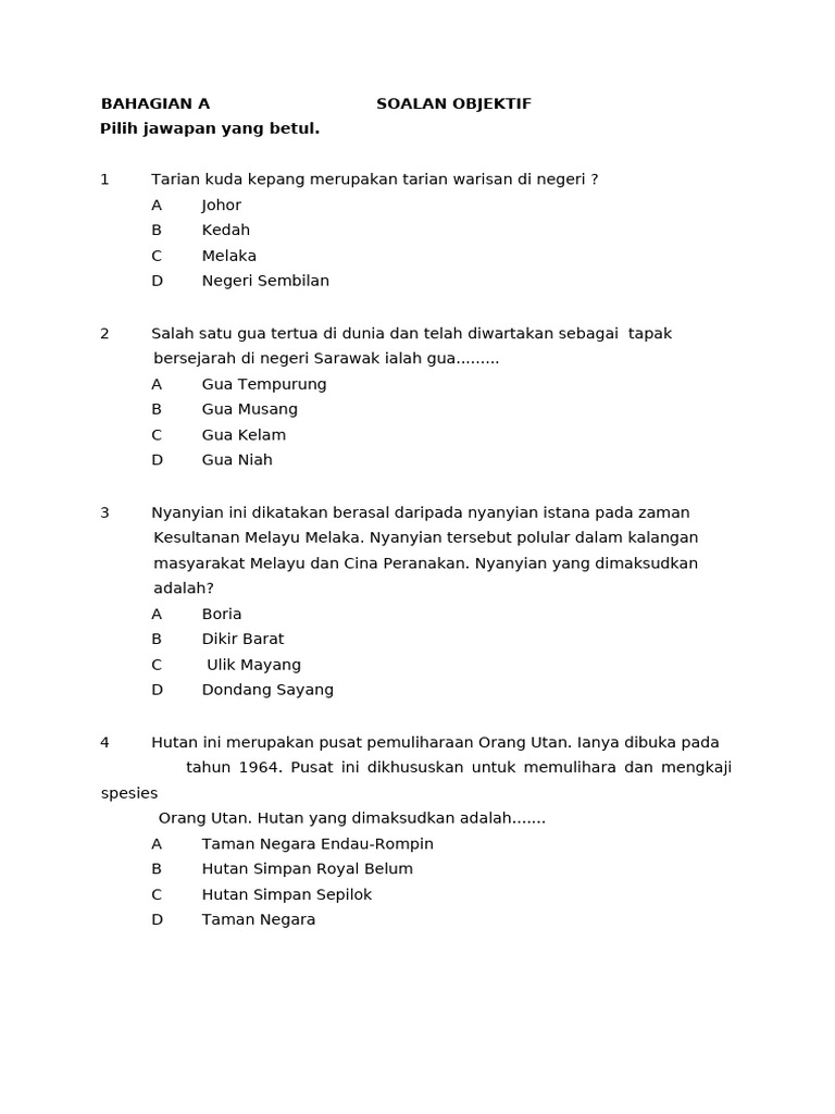 Sejarah Tahun 6 Bahagian A Soalan Objektif | PDF