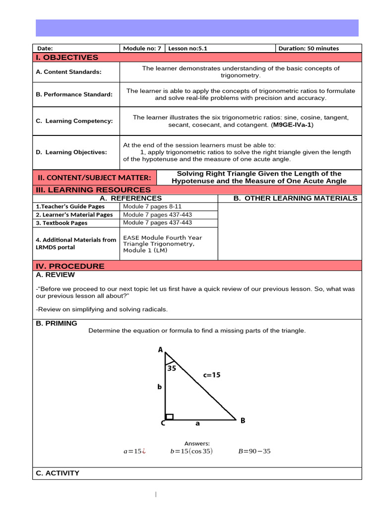 G9 LP MODULE 7 LESSON 5.1 Solving Right Triangle Given The Length of ...