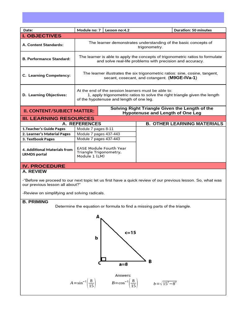 G9 LP MODULE 7 LESSON 4.2 Solving Right Triangle Given The Length of The Hypotenuse and Length ...