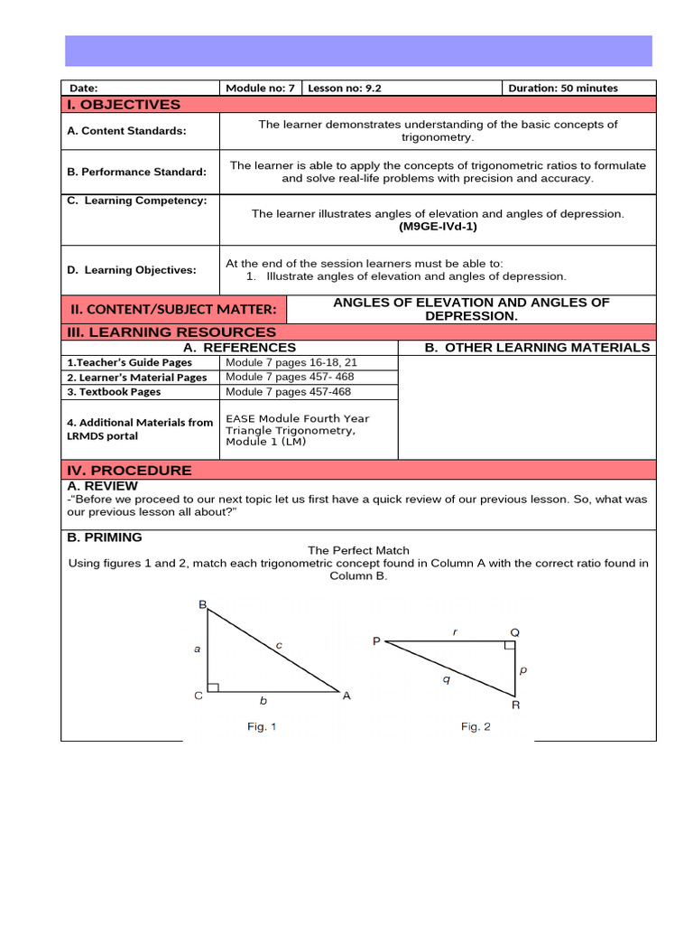 G9 LP MODULE 7 LESSON 9.2 Angles of Elevation and Angles of Depression ...