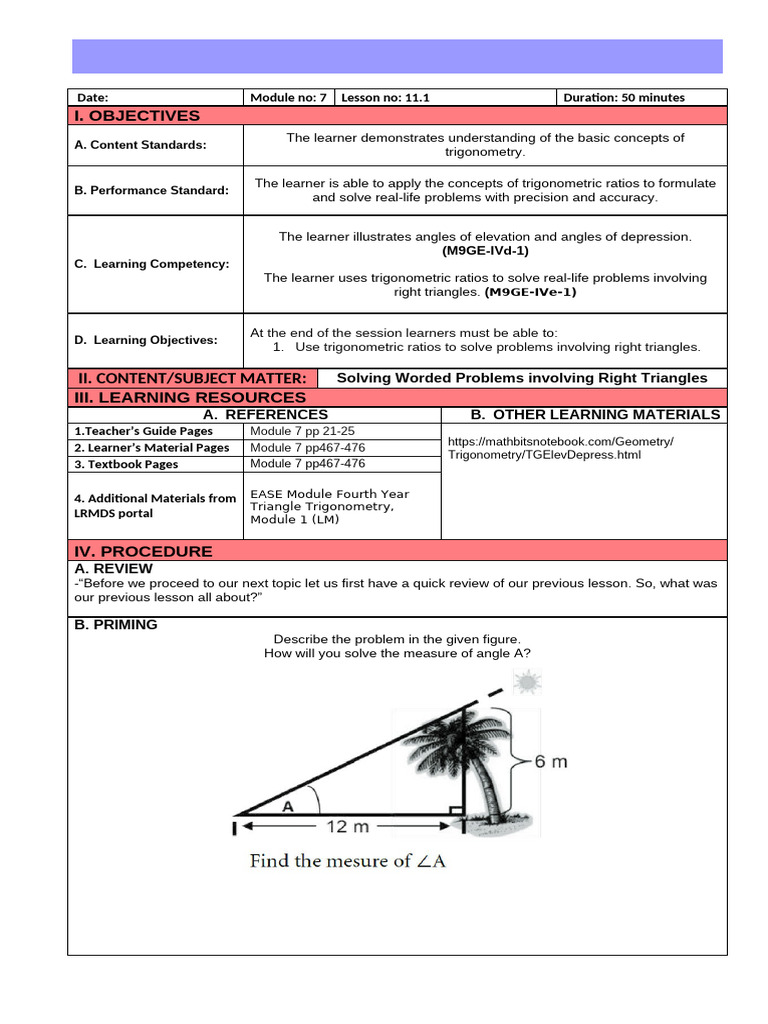 G9 LP MODULE 7 LESSON 11.1 Solving Worded Problems Involving Right ...