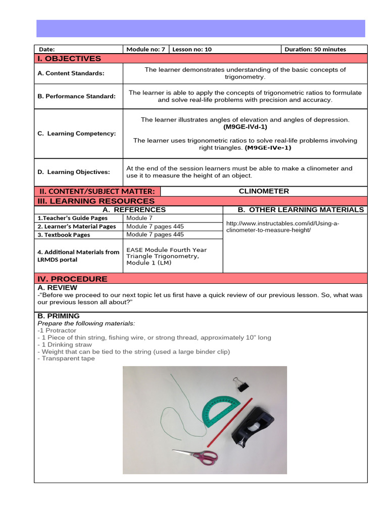 G9 LP MODULE 7 LESSON 10 Clinometer | PDF | Trigonometry | Learning