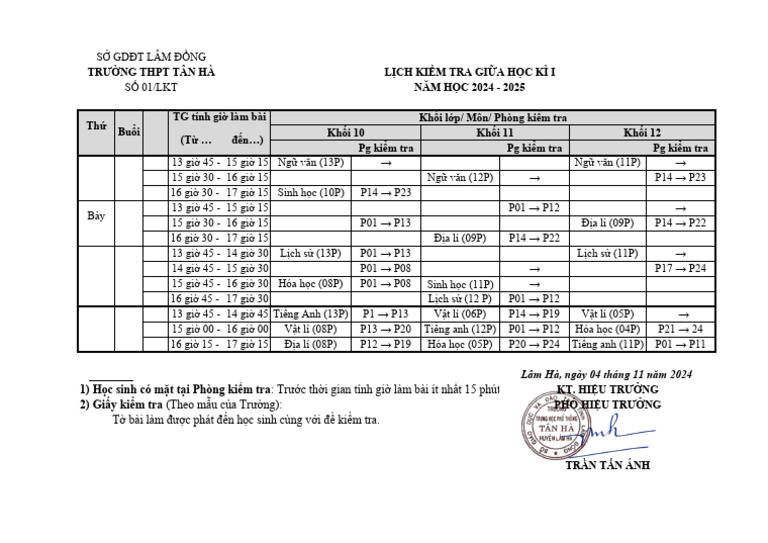 Lich Kiem Tra Giua Ki 1 NH 2024 2025 | PDF