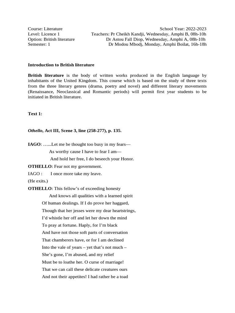 Introduction To British Literature British Literature: Othello | PDF ...