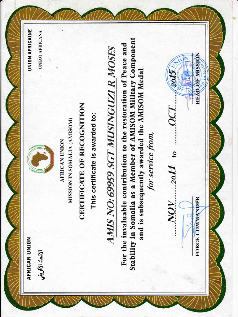 Certificate of Recog From AMISOM | PDF