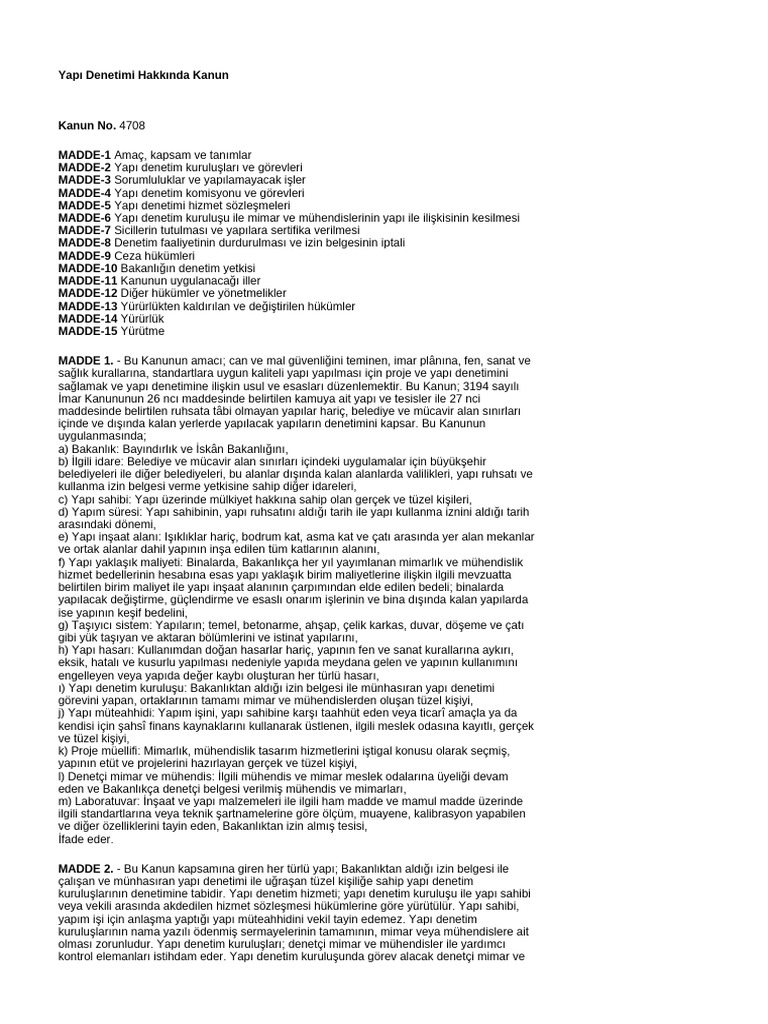 Yapi Denetimi Hakkinda Kanun (ID 300237) | PDF