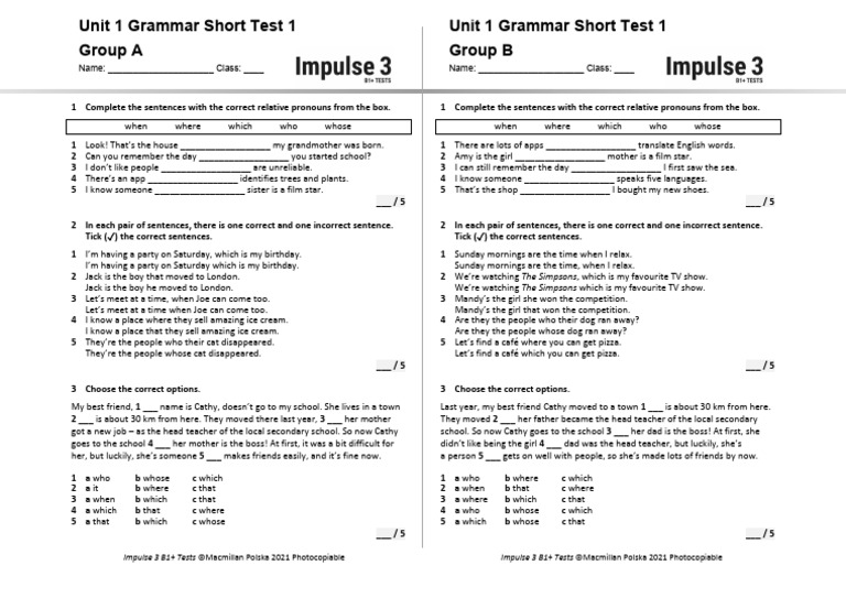 Unit 1 Grammar Short Test 1 A+B | PDF | Linguistics | Grammar