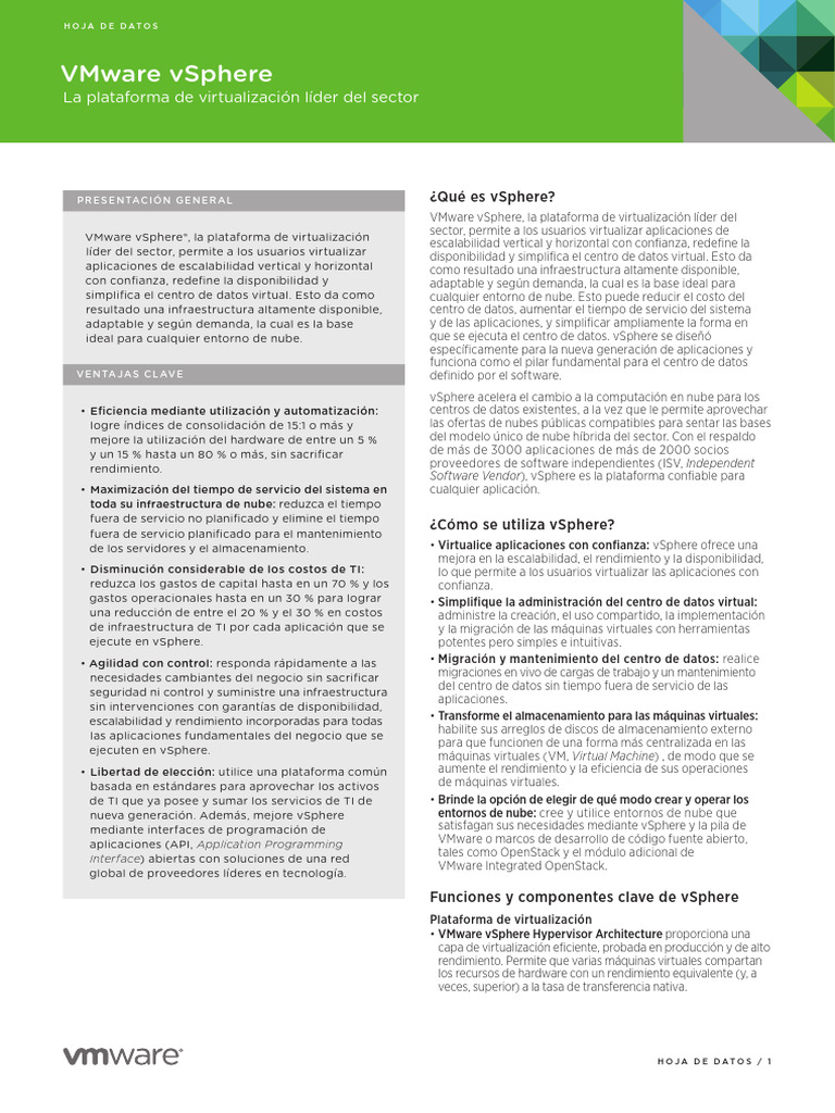 VMware Vsphere Datasheet | PDF | V Mware | Computación en la nube