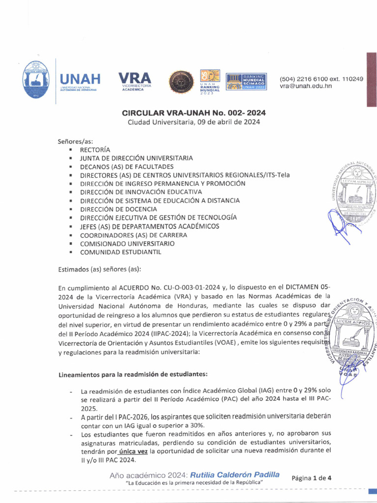 Circular Vra-Unah No. 002-2024 - Estudiantes Readmitidos 0 Al 30 | PDF