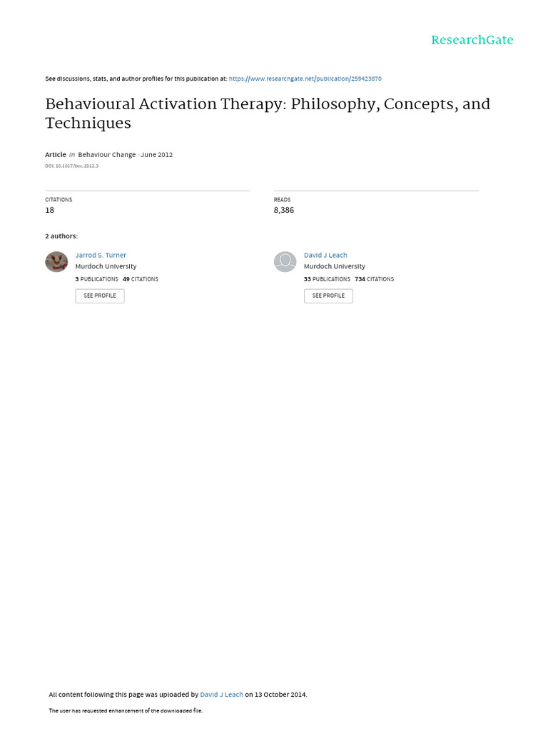Behavioural Activation Therapy Philosophy Concepts | PDF | Reinforcement | Psychotherapy