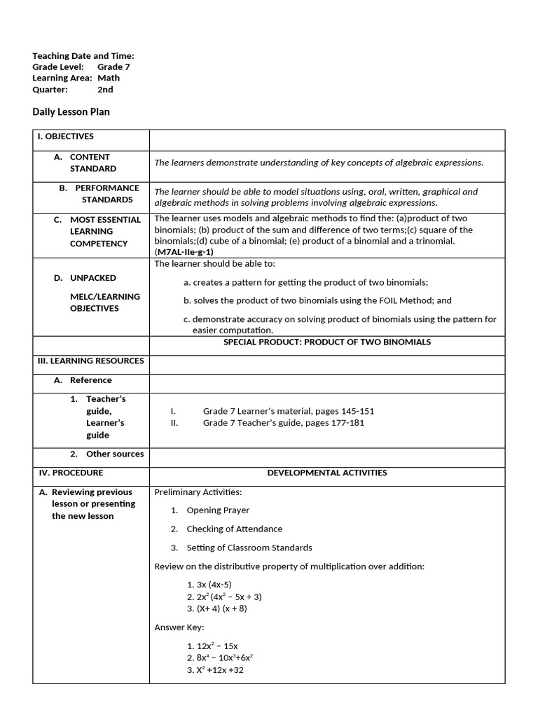 Grade 7 LP Q2 Week 6 Day1 | PDF | Learning | Area