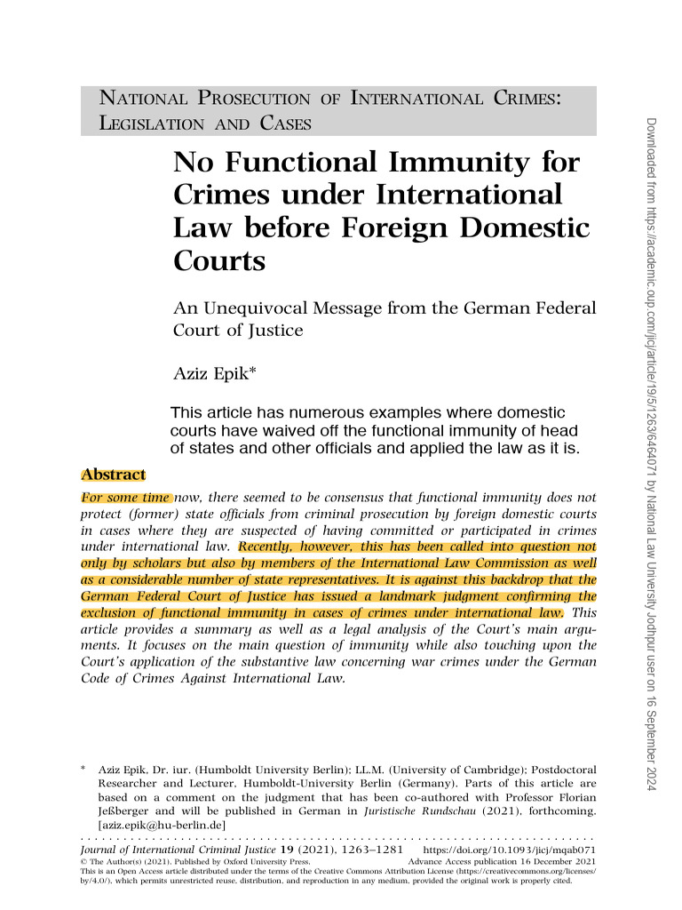 No Functional Immunity For Crimes Under International Law Before ...