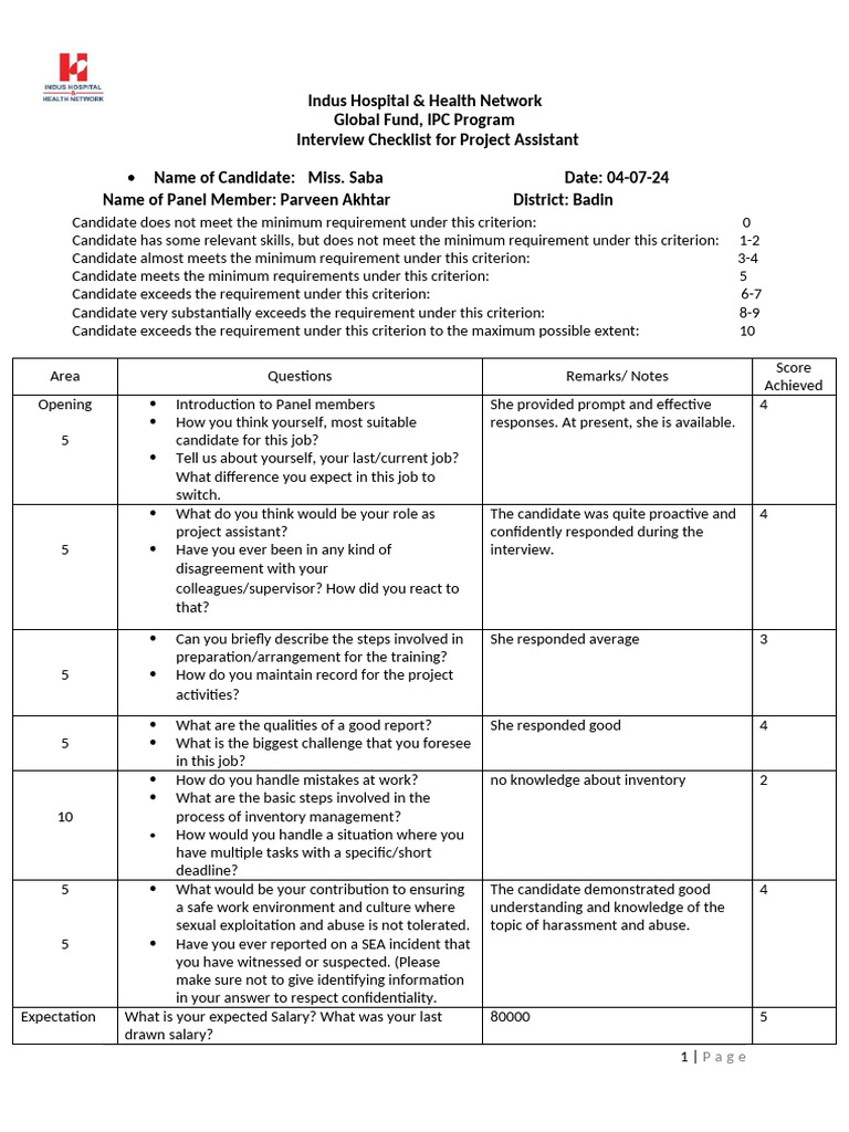 Project Assistant - Interview Evaulation Miss Saba | PDF | Business