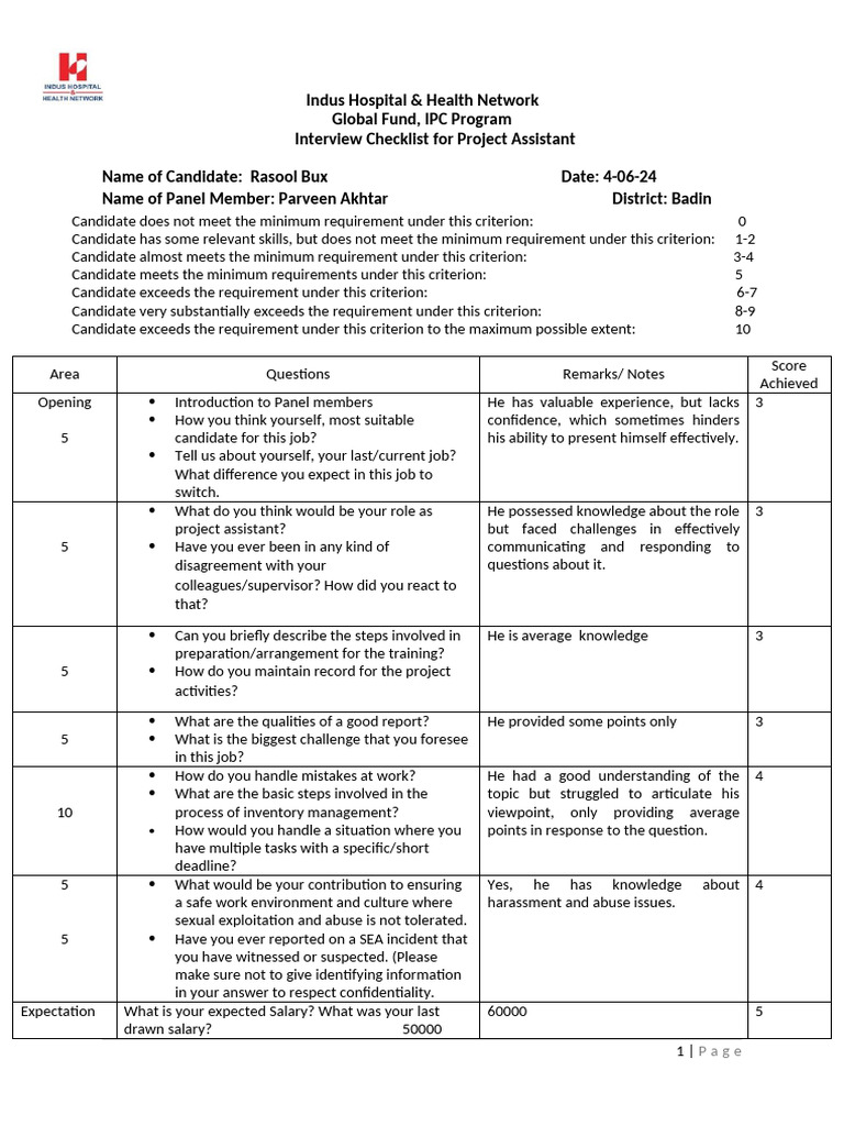 Project Assistant - Interview Evaulation Mr. Rasool Bux | PDF ...