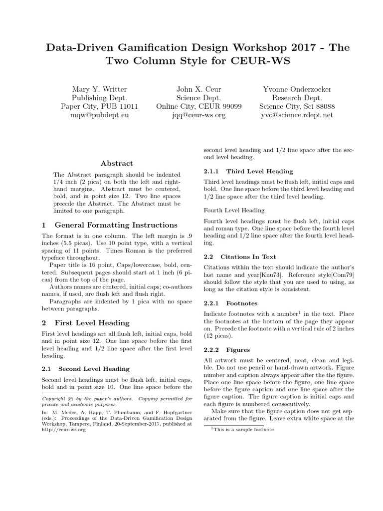 Data Driven Gamification Design Workshop 2017 The Two Column Style For Ceur Ws | PDF | Paragraph ...