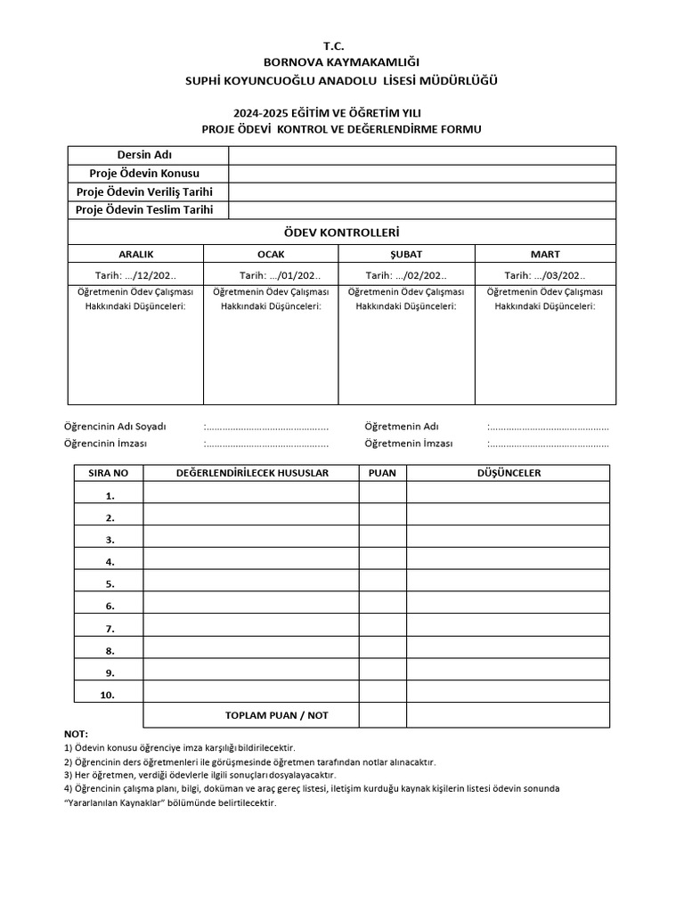 Proje Ödevi̇ Kontrol-Ve-Degerlendirme-Formu 2024 | PDF