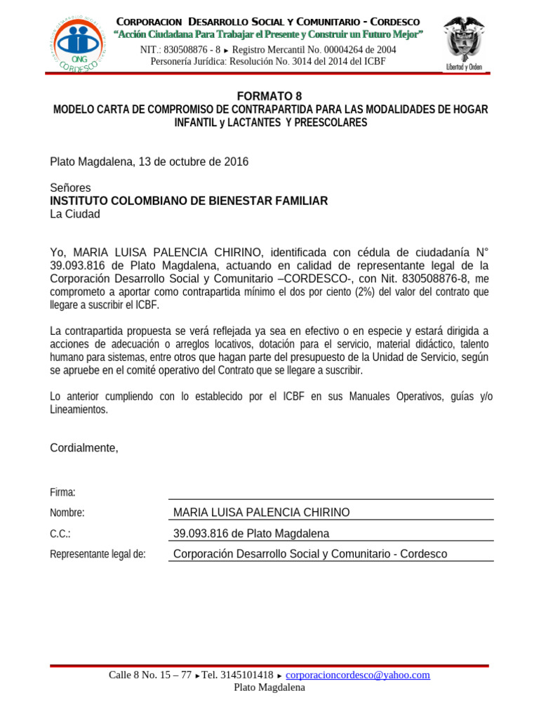 Formato 8 - Compromiso de Contrapartida Cofinanciación - HI | PDF ...
