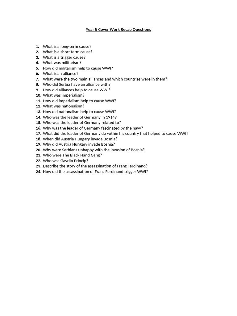 Year 8 Cover Work Recap Questions | PDF | Travel | History