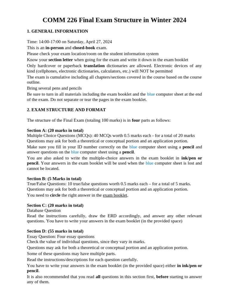 COMM 226 Exam Details Winter 2024 | PDF | Multiple Choice